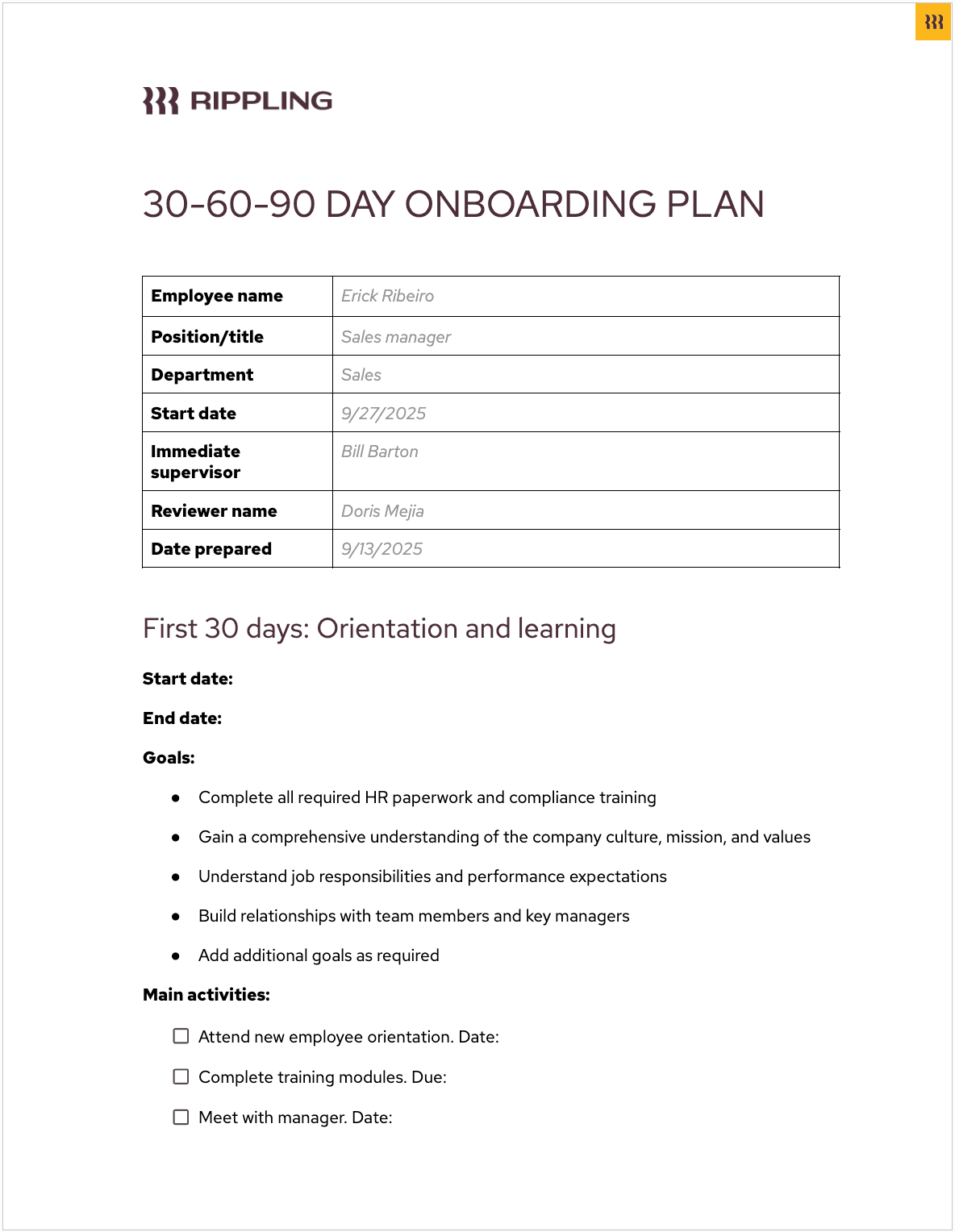 30-60-90 Day Plan: Template & Complete Guide | Rippling