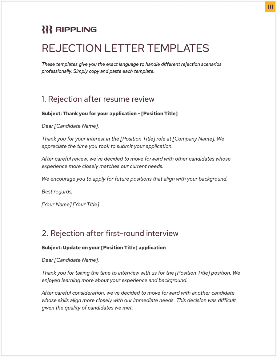 6 Rejection Letter Sample Templates for Candidate Rejection | Rippling